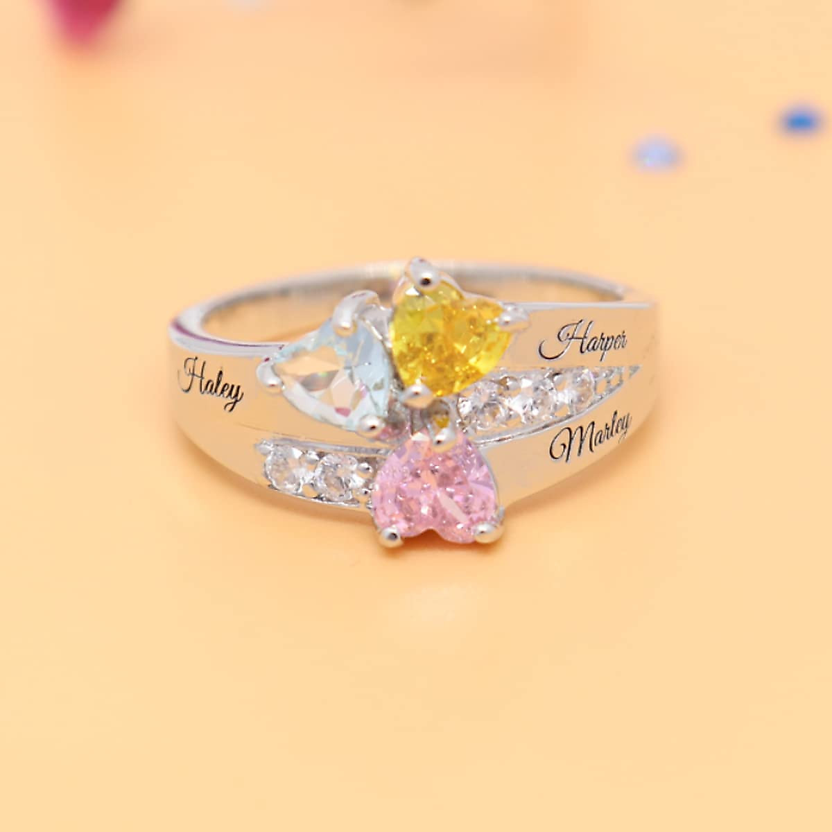 Tribitneer Personalized Mothers Rings with 3 Simulated Birthstones Custom Name Promise Rings for Women Family Name Rings for Mom Grandmother