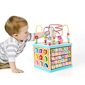 Garlictoys Wooden Activity Cube for 1 2 3 Year Old Kids,5 in 1 Multipurpose ABC-123 Abacus Bead Maze Shape Sorter|Early Educational Toy for Toddlers-Toys for 1 Year Old Boys Girls