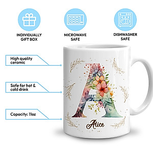Hyturtle Personalized Initial Coffee Mug With Name - Monogram Birthday Christmas Gifts For Girls Women - Floral Letter A Alphabet 11oz White Ceramic Coffee Tea Mug -Custom Name & Initial A-Z Tea Cup