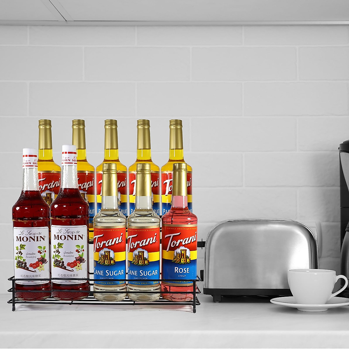 Coffee Syrup Organizer Rack 10 Bottles Syrup Bottle Holder Stand For Coffee Bar Accessories, 2 Tier Wine Bottle Storage Rack For Syrup, Wine, Liquor, Coffee Station Organizer For Kitchen Countertop