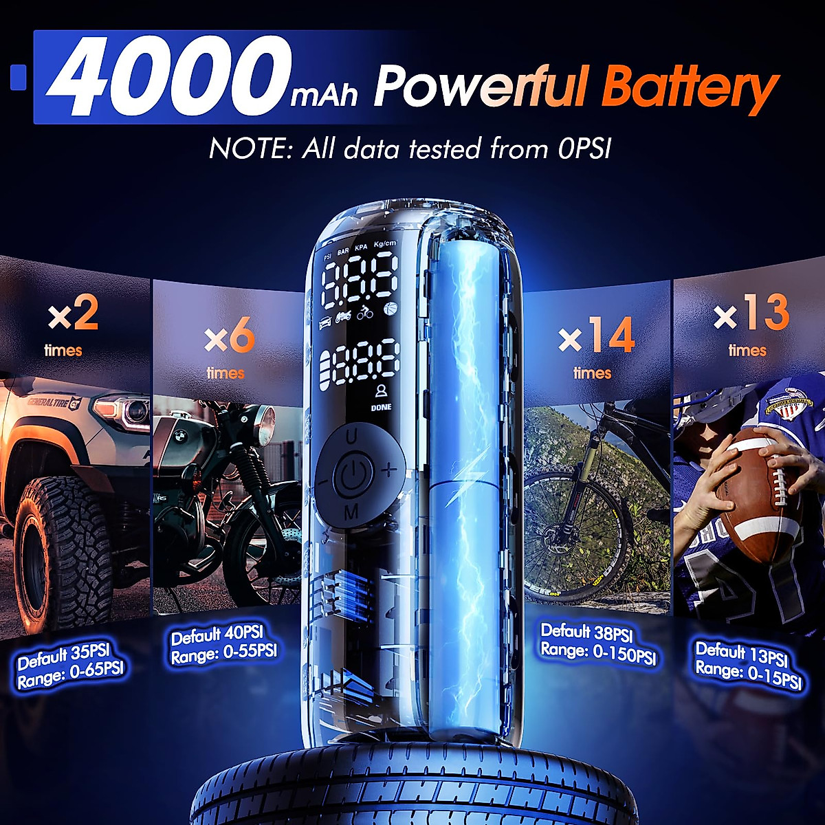 Electric Bike Tire Pump with Gauge, Tire Inflator Portable Air Compressor, Air Pump for Car Tires, Air Compressor for Car, Motorcycle, Bicycle, Ball