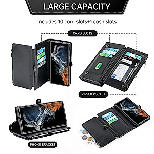 LAISIAHA Crossbody Phone Case and Wallet-Compatible with Samsung Galaxy S22 Ultra 5G Case, Samsung S22 Ultra Wallet Case Leather Magnetic Flip Strap Wristlet Zipper Card Holder Phone Case Black