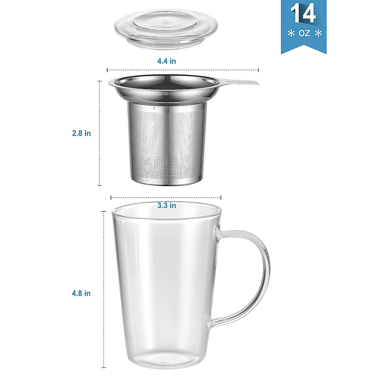 Enindel 3020.01 Glass Tea Mug with Infuser and Lid, Tea Cup, Clear, 14 OZ, GM001