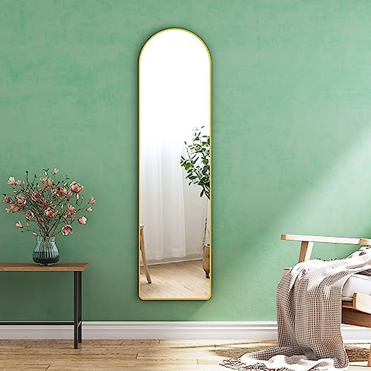 SUPPNEED 59"x15.7" Arched Full Length Mirror, Large Arched Mirror Floor Mirror with Stand, Bedroom Mirror, Modern Arched Shape Wall Mounted, Hanging or Standing, Gold