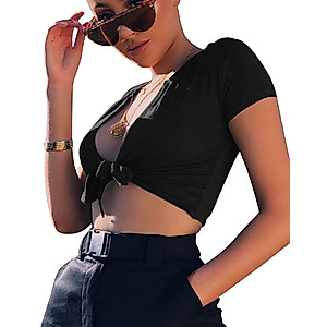 BORIFLORS Women's Sexy Tie Up Crop Top Short Sleeve Deep V Neck Casual Basic T Shirt,Medium,Black