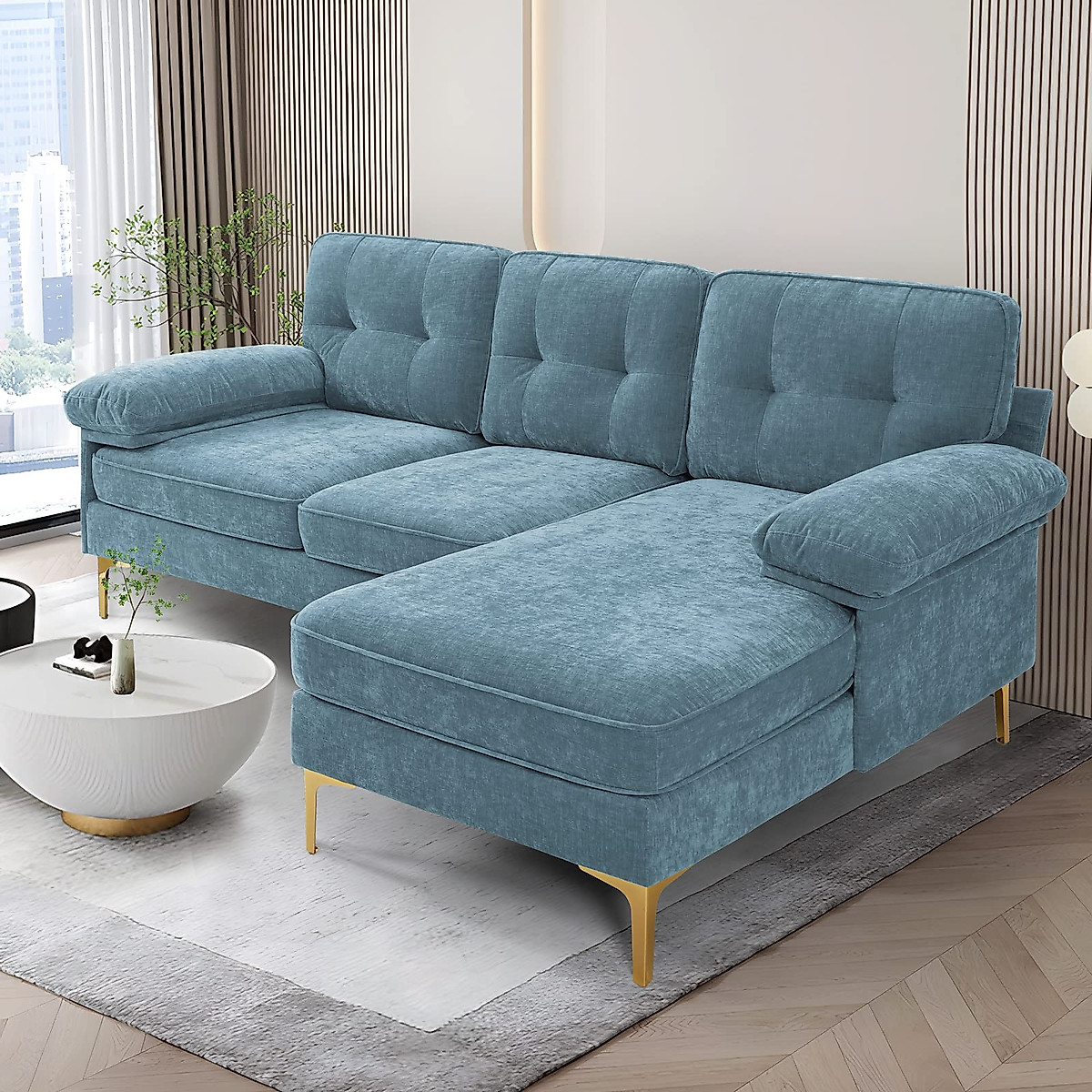 TEKAMON 82.7" Blue Convertible Sectional Sofa, Chenille Fabric L-shaped Couch, Small 3 seats Reversible Sleeper Sofa with Machine Washable Covers for Living room,Apartment and Small Space, Gloden legs