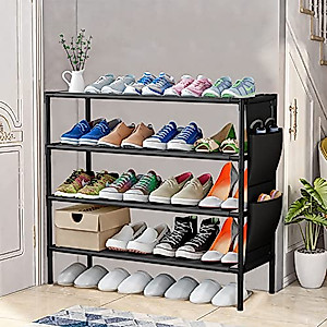 SORCEDAS Shoe Rack Storage Organizer 4 Tier Black Metal Stackable Shelf with Side Pocket for Closet Entryway Floor Hallway (4 Tier, Black)