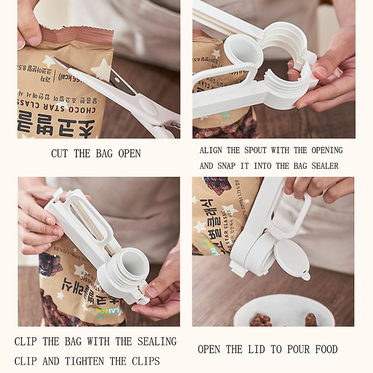 voleseni Food Bag Sealing Clip With Pour Spout, Reusable Plastic Cap Sealer Clips For Snack, Oatmeal, Coffee, Great Clips Bags For Kitchen，Seal And Pour Bag Clip,Versatile Food Clip With Spout. (1)
