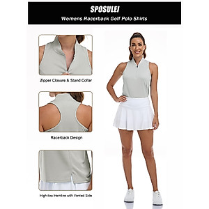 SPOSULEI Womens Golf Apparel Summer Golf Shirts Dry Fit Lightweight SPF 50+ Moisture Wicking Sleeveless Tennis Tshirts Grey
