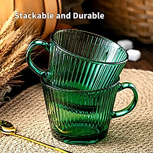 Buaic Glass Coffee Mugs, 14 Oz Set of 2 Vertical Stripes Green Glass Cups Stackable Coffee Cups, Tea Cups, Vintage Mugs for Cappuccino, Latte,Cereal,Beverage Hot/Cold Birthday Day Gifts