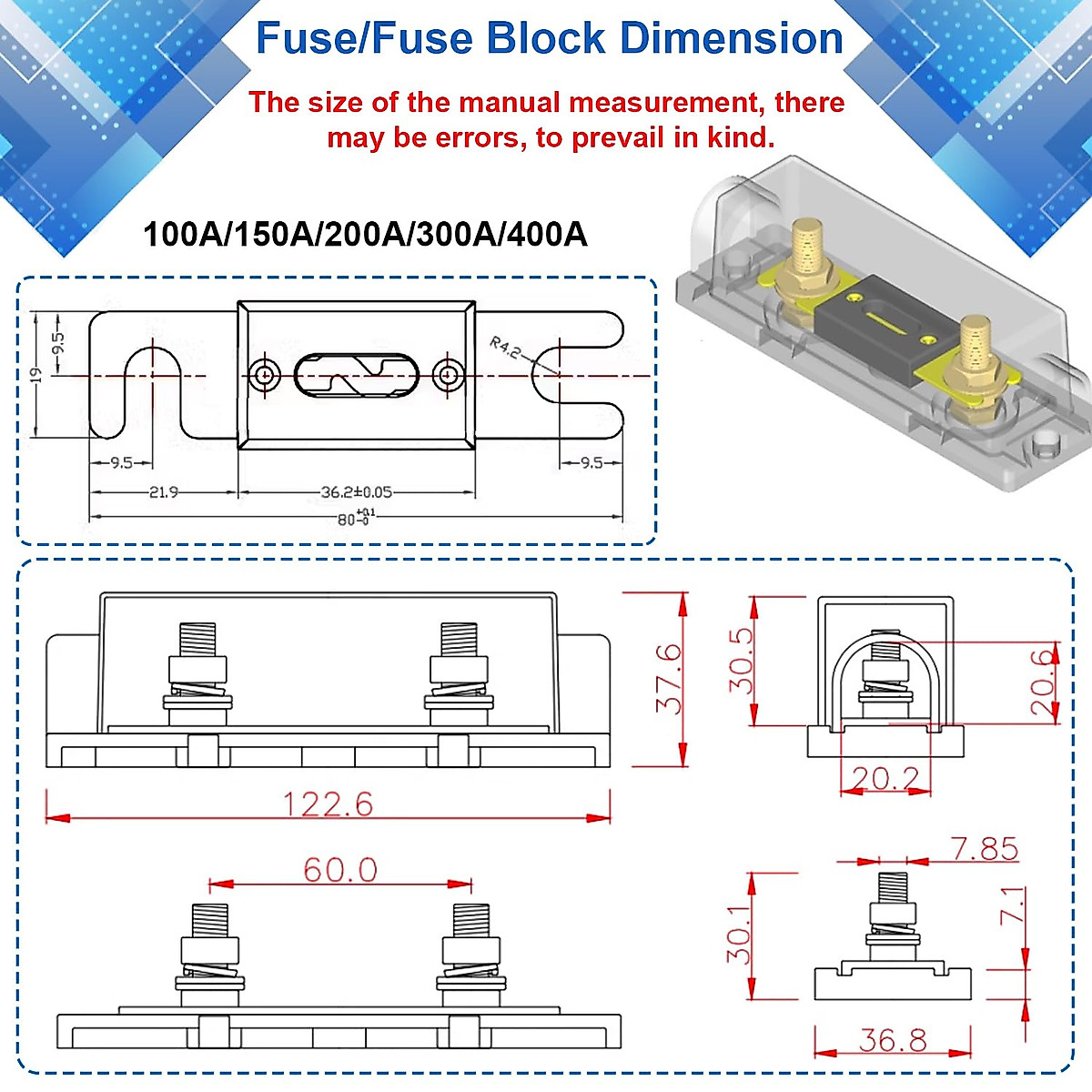 smseace 200AMP ANL Fuse Holder Kit Including Transparent Fuse Base，200a Copper anl Fuse，5/16-1/0AWG Copper Ring Terminal and Heat shrinkable Tube for car Audio and Other high Current Applications