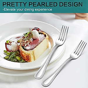 Forks Set of 12, E-far Stainless Steel Dinner Forks Silverware with Pearled Edge for Home/Kitchen/Restaurant, Mirror Polished & Dishwasher safe-7.9 Inches