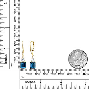 Gem Stone King 18K Yellow Gold Plated Silver London Blue Topaz and White Topaz Dangle Earrings For Women (6.08 Cttw, Gemstone November Birthstone, Emerald Cut 9X7MM)