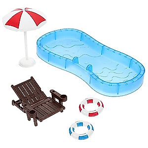 Ciieeo 5 Pieces Miniature Dollhouse Beach Accessories Beach Dollhouse Decoration Set with Umbrella Chair Swimming Ring Swimming Pool