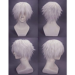 ANOGOL Hair Cap+ Short White Wig for Men Silver White Men's Cosplay Wig Short Silver Mixed White Anime Wigs with Bangs Ivory Hair Straight Fluffy Silvery Halloween Wigs Christmas Party Costume