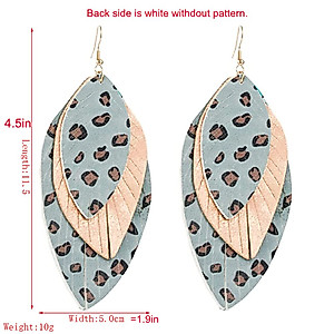 Boho Layered Leather Leaf Earrings for Women Girls Vintage Leopard Print Long Big Summer Statement Drop Dangle Hook Stud Lightweight Vintage Bohemian Beachy Jewelry (Blue)