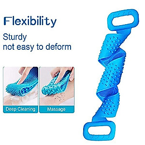 Silicone Bath Brush for Shower- Back Body Brush Scrubber, Shower Pull-tab Double-Sided Long Strip Silicone Bath Belt, Easy to Clean-Exfoliate, Blue