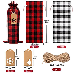 DULEFUN 12pcs Christmas Wine Bags, Christmas Wine Burlap Bags Buffalo Plaid Wine Bags Reusable Xmas Wine Bottle Clothes Covers for Christmas Wedding New Year Holiday Party Decor
