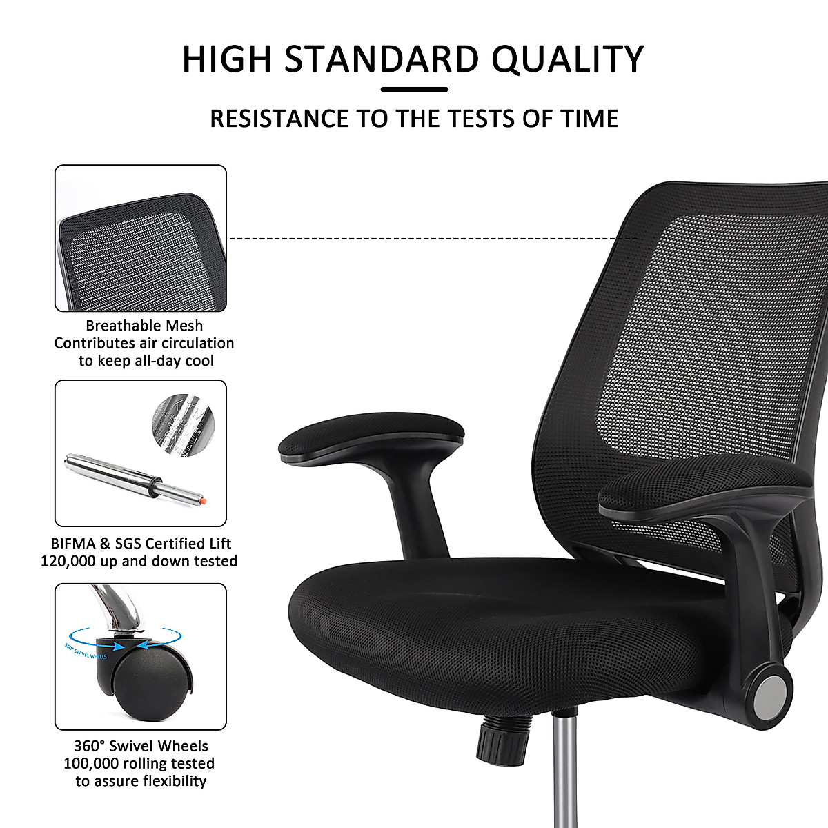 Drafting Chair, Height Adjustable Tall Office Chair, Standing Desk Chair with Adjustable Foot Ring and Flip-Up Arms, Black