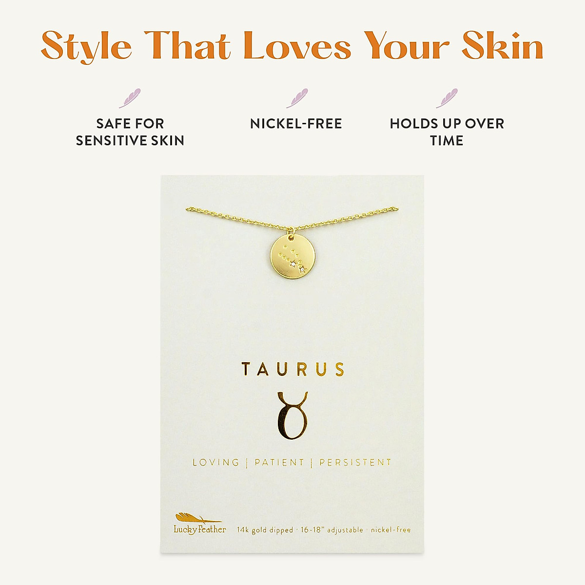 Lucky Feather Taurus Zodiac Sign Constellation Pendant Necklace for Women, 14K Gold-Dipped with Adjustable 16” – 18” Chain