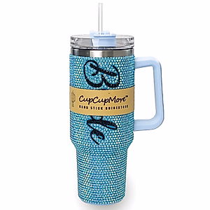 Cupcupmore 40oz Print Bling Rhinestone Stainless Steel Sippy Tumbler Glitter Vacuum Insulated Water Bottle with Straw & Lid &Handle,Thermos for Hot & Cold Drinks,Car Cup Holder (Bride Blue, 40 oz)