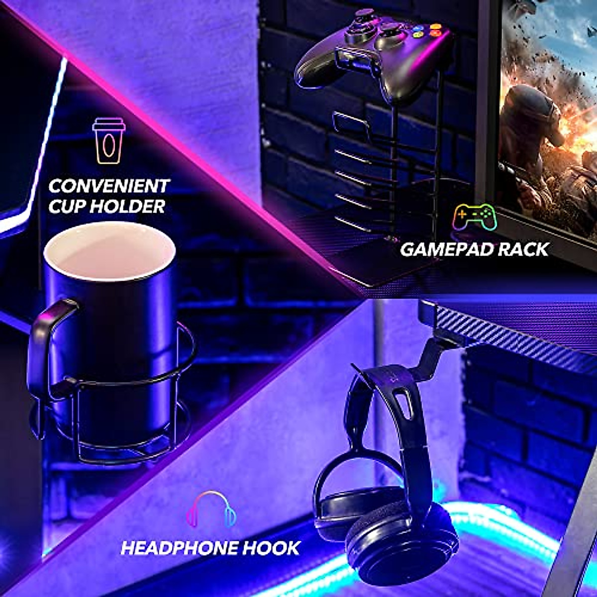 S*MAX Gaming Desk with LED Lights Real RGB Leg Led Gaming Desk Wireless Charging & USB Pad Carbon Fiber Finish Large Z Shaped Gaming Table 47 Inch Cup Holder Headphone Hook Home Gaming Desk Black