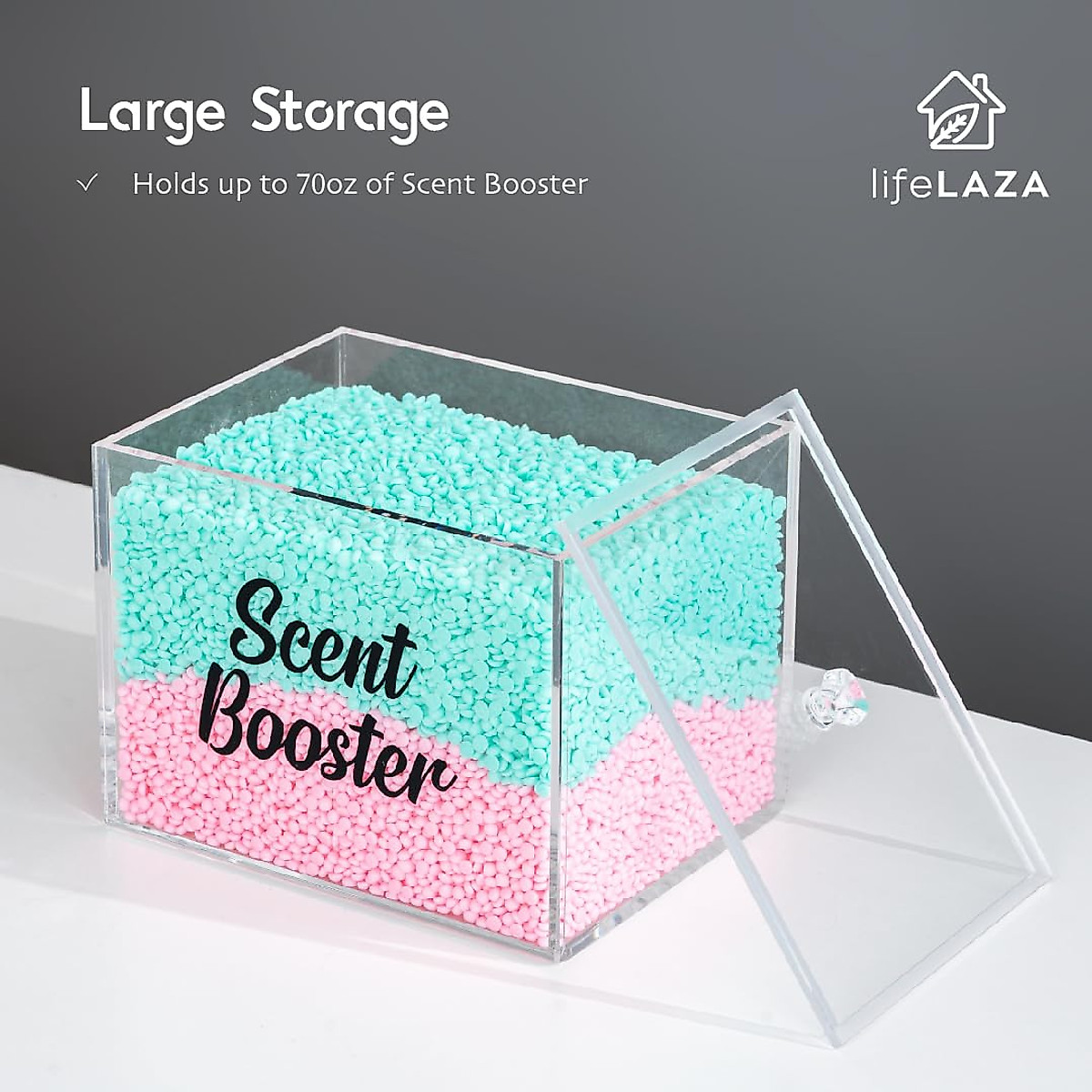 LifeLAZA Acrylic Scent Booster Container with Lid, Scent Beads Container For Laundry Beads, Laundry Dispenser Storage, Jar Box Organization Holder for Laundry Room Decor