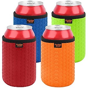 Desing Wish 12oz Standard Can Cooler Sleeve Holder Honeycomb Insulator Beer Cans Cover 12OZ Beer Bottle Sleeves Non-slip Neoprene Soda Cans Coolers Holders 4 Pack (Red/Blue/Green/Orange)