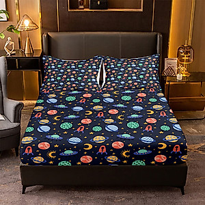 Color Planet Moon Star Flat Sheet Queen with 2 Pillowshames for Boys Girls Outer Space Universe Fitted Sheet Sets for Kids Spaceship Rocket Pattern Bedding Sheets