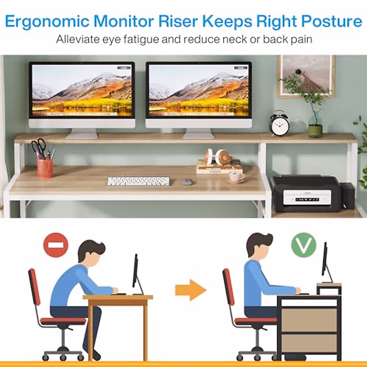 LITTLE TREE 63 Inch Computer Desk with File Drawer Cabinet, Home Office Desks with Ergonomic Monitor Stand