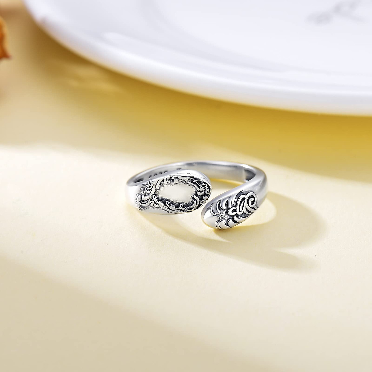 PROESS Sterling Silver Spoon Ring with Oxidized Open Wrap Ring Spoon Ring for Women Girls Couple, Size 7