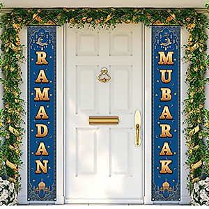 FARMNALL Eid Ramadan Mubarak Porch Banner Ramadan Decorations Moon and Star Mosque Lattern Islamic Front Door Sign Wall Hanging Decorations and Supplies for Home Office