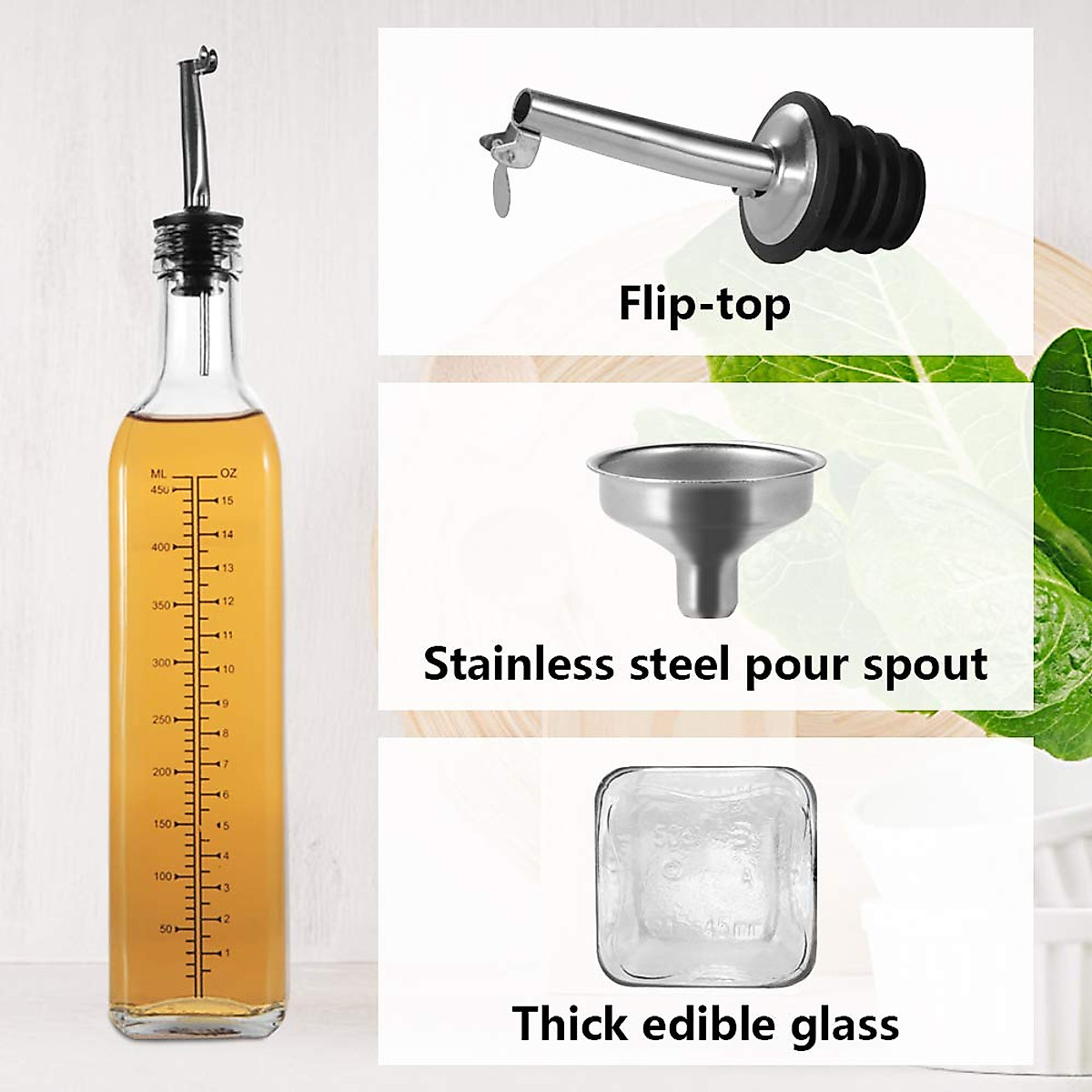 WERTIOO 17 OZ Olive Oil Dispenser Bottle, 4 Pack Glass Oil and Vinegar Dispenser Set Oil Container with 6 pcs Stainless Steel Pour Spouts Funnel & Pen and Tag for Kitchen
