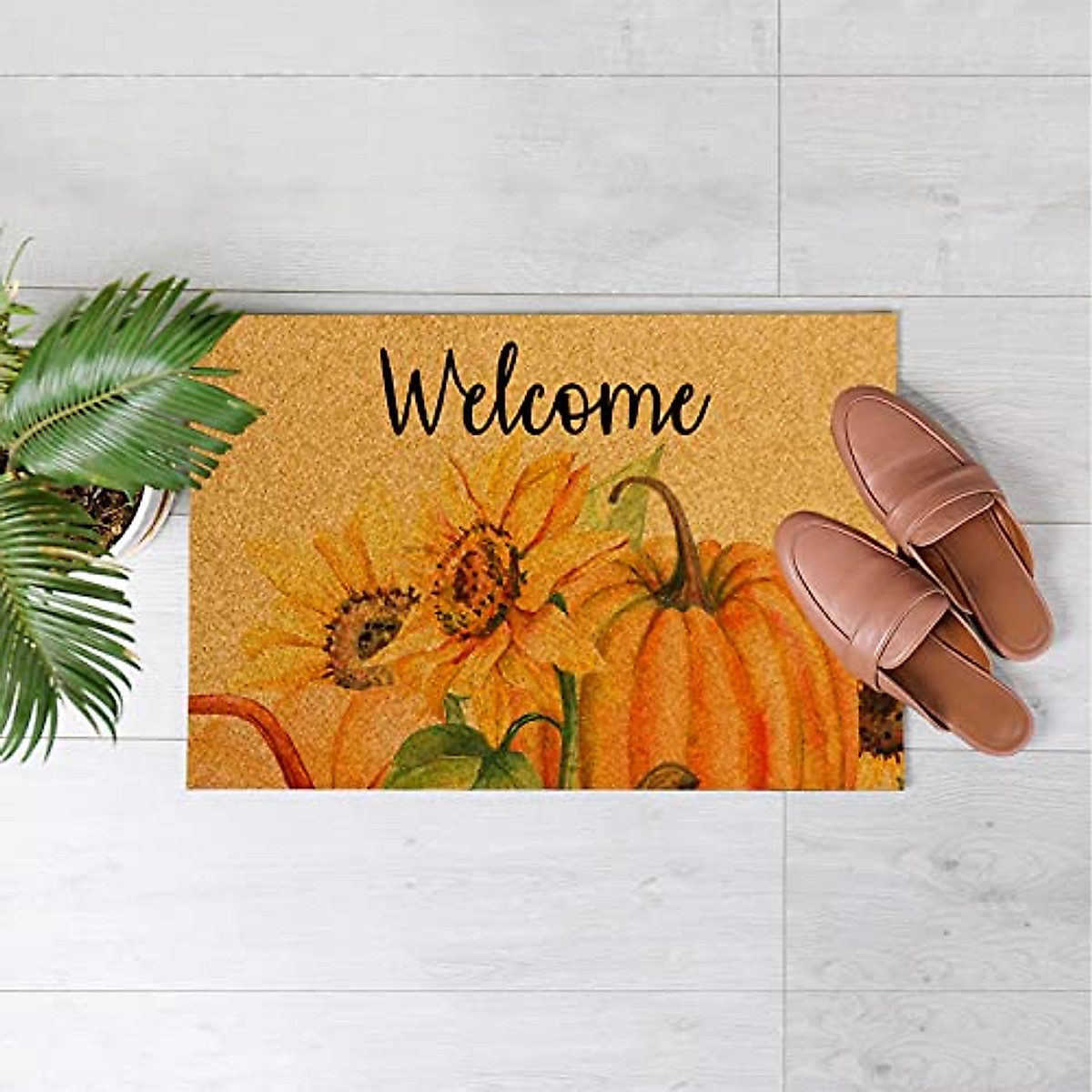 Funny Fall Doormat Welcome Pumpkin Sunflowers Indoor Outdoor Entrance Floor Mat Home Office Front Door Mat Non-Slip Rubber Backing 23.6 X 15.7 Inch
