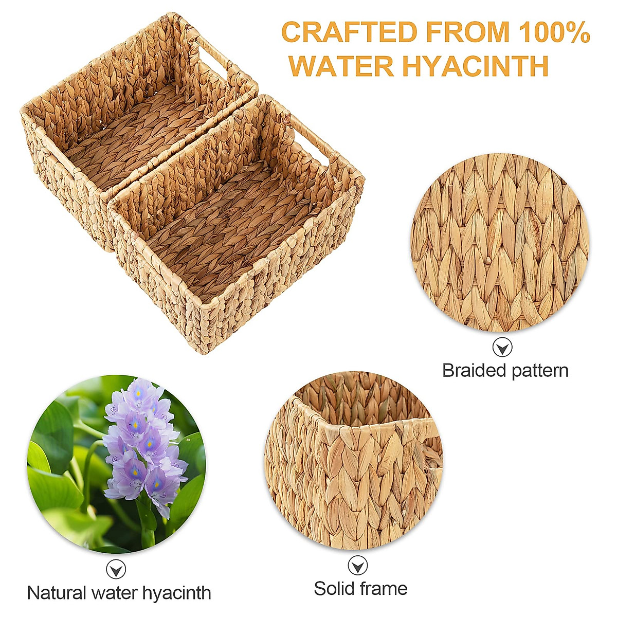 ELONG HOME Water Hyacinth Wicker Baskets, Rectangular 12" Wicker Basket 2 Pack, Wicker Basket for Shelves, Woven Storage Baskets with Handles