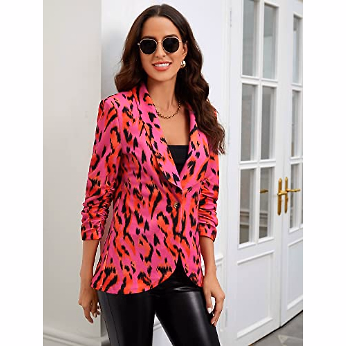 Verdusa Women's Leopard Print Ruched 3/4 Sleeve Shawl Collar Blazer Jacket Hot Pink L