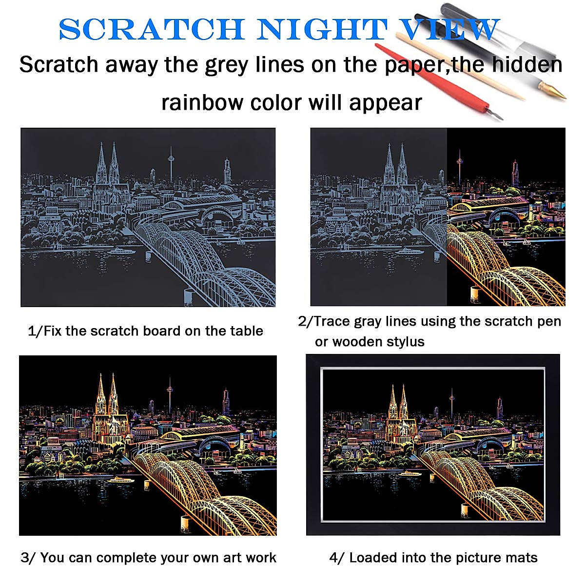 Ameolela Rainbow Scratch Painting Paper, Sketch DIY Art Craft City Series Night View Creative Gift, Scratchboard for Adults and Kids, Craft Kits with 4 Tools, 16x11 inches（Cologne Cathedral）
