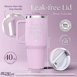 shop4ever Thank You for Putting Up With My Kid Engraved Insulated Stainless Steel Tumbler with Handle, Lid, and Straw 40 oz. Funny Teacher Appreciation Day Gift (Lavender)