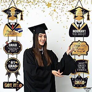 Graduation Banner 2023, Black and Gold - Graduation Porch Sign | Hanging Graduation Door Banner, Class of 2023 Graduation Decorations for Outdoor | Black and Gold Graduation Party Decorations 2023