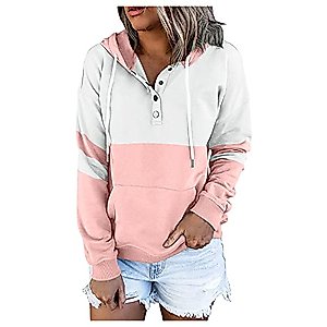 Winnerlion Hoodies Pullover for Womens Button Down Drawstring Hooded Pocket Casual Long Sleeve V Neck Sweatshirts (Pink, S)