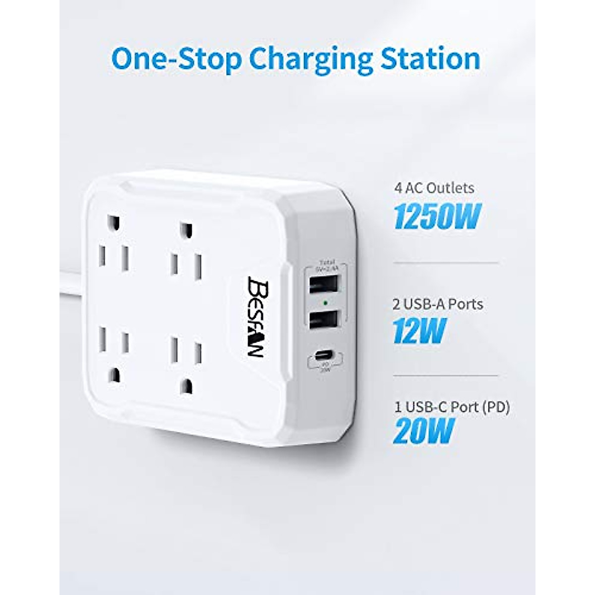 BESFAN Power Delivery Power Strip with USB C (20W), Electrical Outlet Extender with 4 Outlets, 2 USB-A Ports & 1 USB-PD Port, Flat Plug Extension Cord 4.6 Ft for Travel/Home/Office