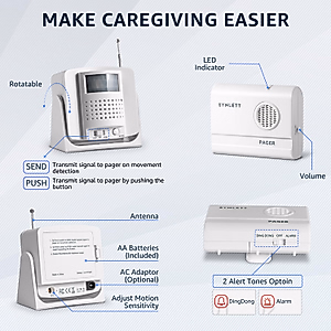 Bed Alarm Caregiver Pager with Wireless Motion Sensor Alarm Indoor Fall Prevention for Elderly Monitoring Seniors Dementia Patients Seniors Home Door Chime