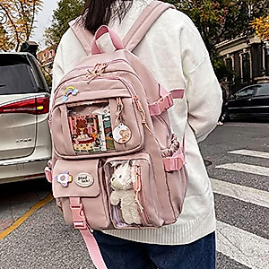 Kawaii Backpack with Kawaii Pin and Accessories Aesthetic Backpack for Girls Japanese School Bag for Teens (pink)