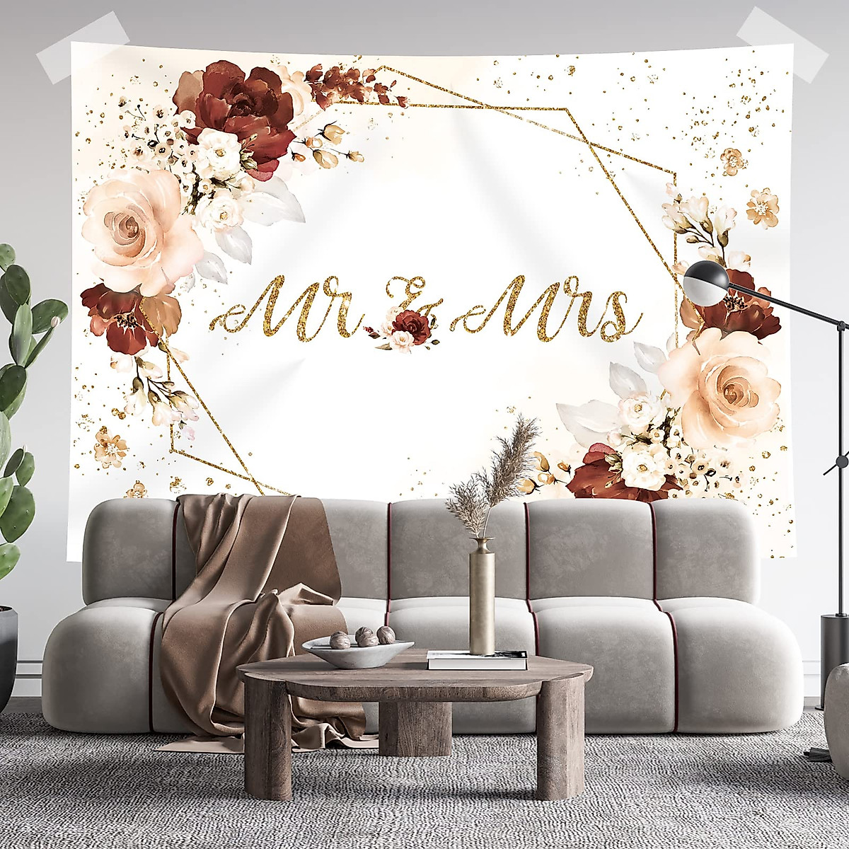 Rsuuinu Mr & Mrs Engagement Decorations Backdrop for Couples Pink Floral Wedding Bride and Groom Engaged Ceremony Anniversary Backdrops Bridal Shower Supplies Photo Booth Props Background 7x5ft