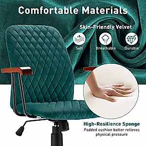 Velvet Home Office Desk Chair with Wooden Armrests, Adjustable Swivel Vintage Mid-Back Leisure Chair with Padded Seat, Task Chair Upholstered Computer Chair for Work Study (Green)