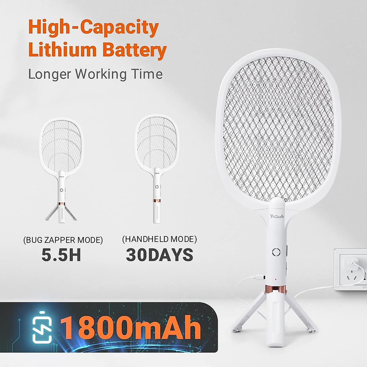 YsChois Electric Fly Swatter Racket, Rechargeable Fly Zapper - 4000 Volt, Exclusive 2-in-1 Bug Zapper Racket - USB Charging, 1800mAh Li-Battery, Indoor & Outdoor Use, White