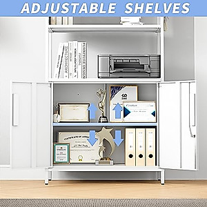 Yizosh 5-Tier Bookshelf, Tall Bookcase with Doors, Industrial Display Standing Shelf Units with Lock & Pegboard, Metal Storage Shelves for Living Room, Bedroom, Home Office (White)
