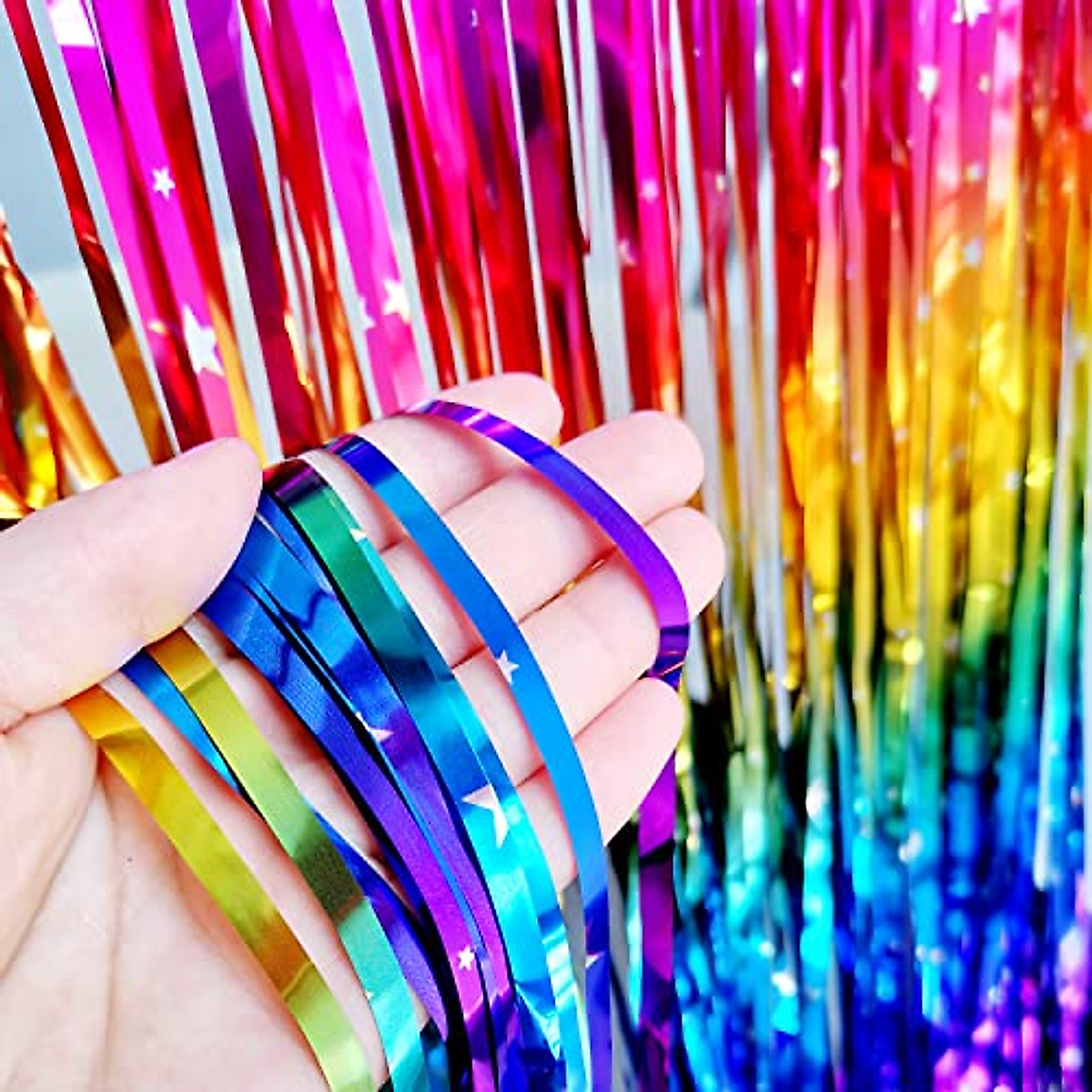 2 Pack Backdrop Curtain 3.3FT x 8.1FT Metallic Tinsel Foil Fringe Curtains Photo Booth Background for Birthday Party Baby Shower Wedding Engagement Bridal Decorations Sparkly Rainbow