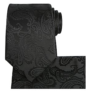 KissTies Mens Black Tie Set: Paisley Necktie + Pocket Square