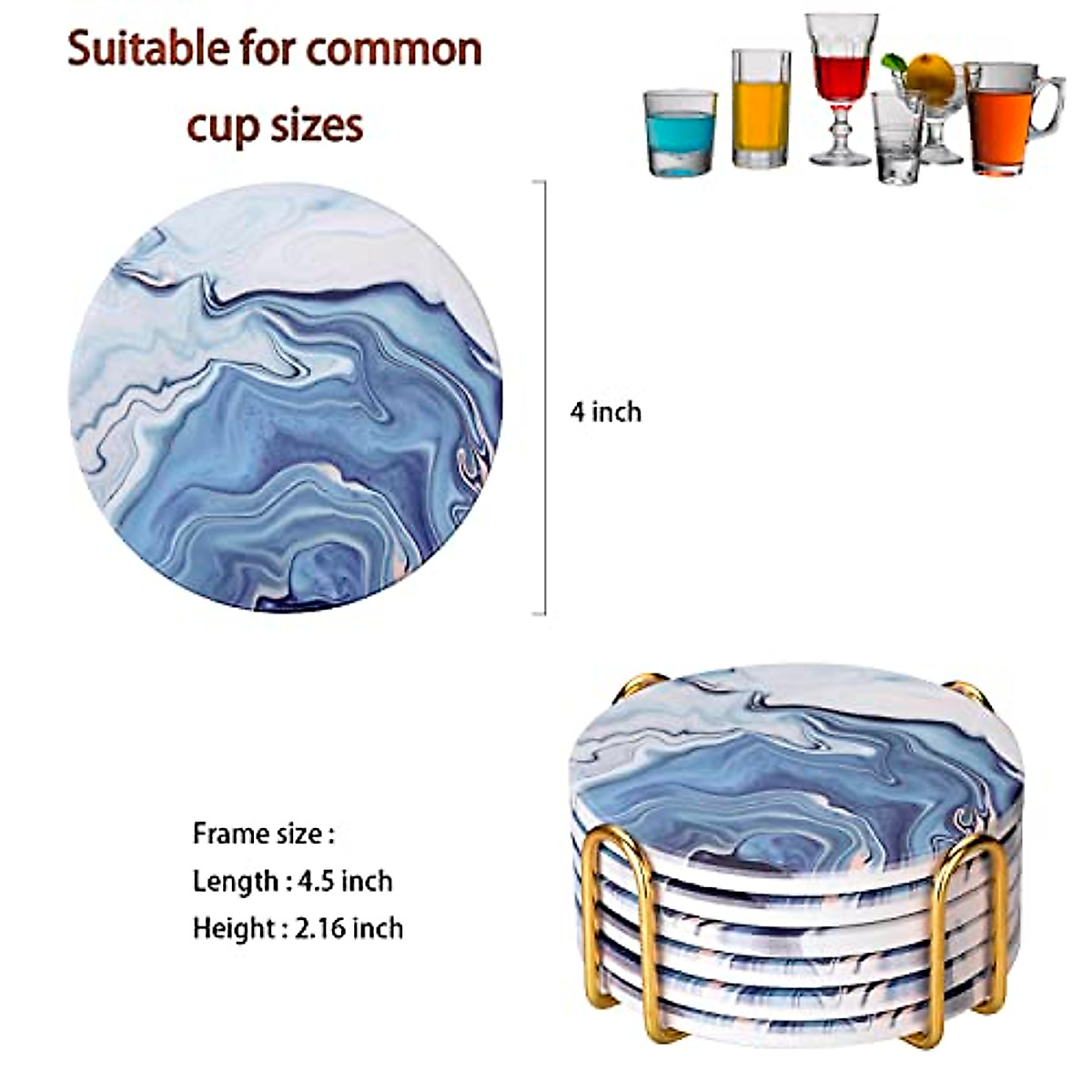 Warmroom Absorbent Drinks Coasters with Gold Holder and Cork Base Set of 6 Round Blue White Marble Style Coasters Decorative Tabletop Protection for Bar Kitchen Home and Dining Room Decor